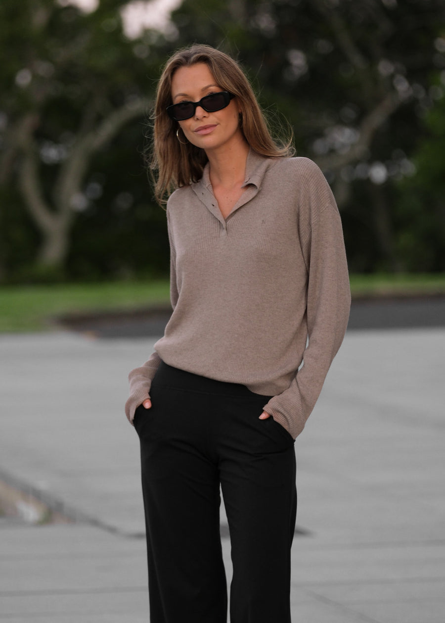 Snug Knit Ribbed Polo in Walnut | Women's Knit Polos & Tops